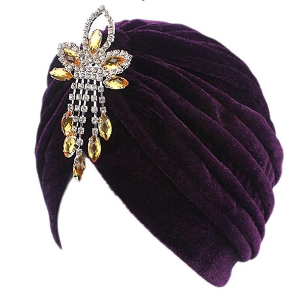 Accessories | Boho Velvet Gypsy Turban Hat With Jewel Brooch | Poshmark